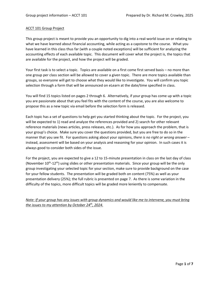 ACCT 101 Group Project Guide