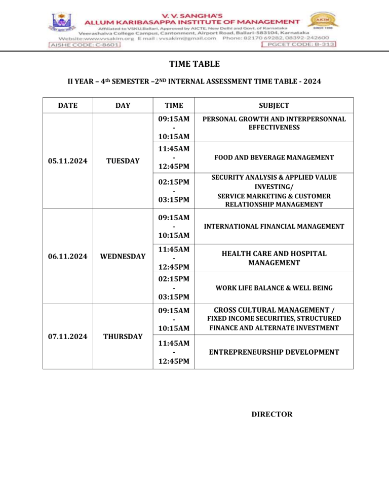 II Year 4th Semester Assessment Timetable 2024