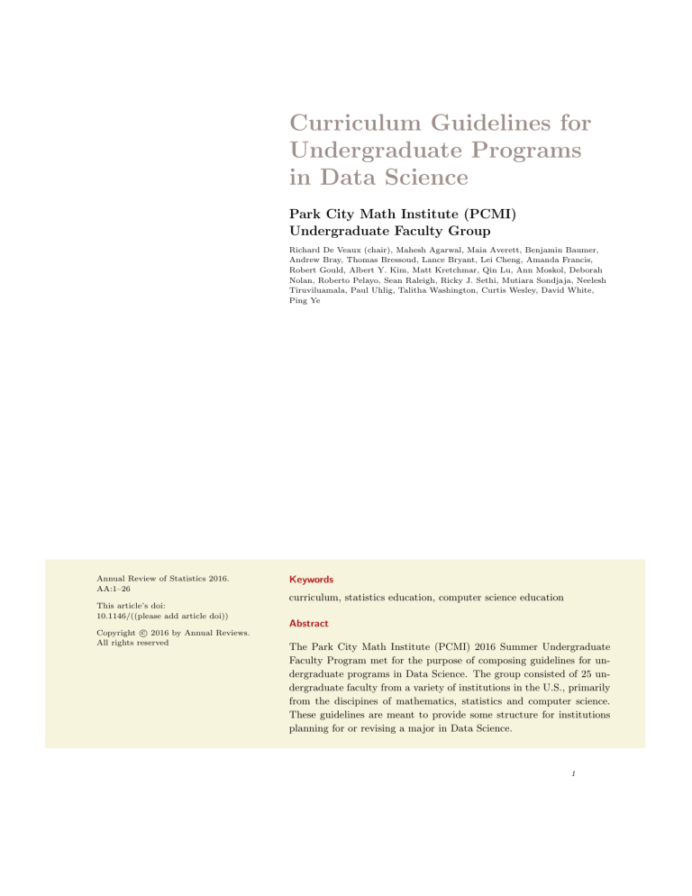 Data Science Curriculum Guidelines PCMI 2016