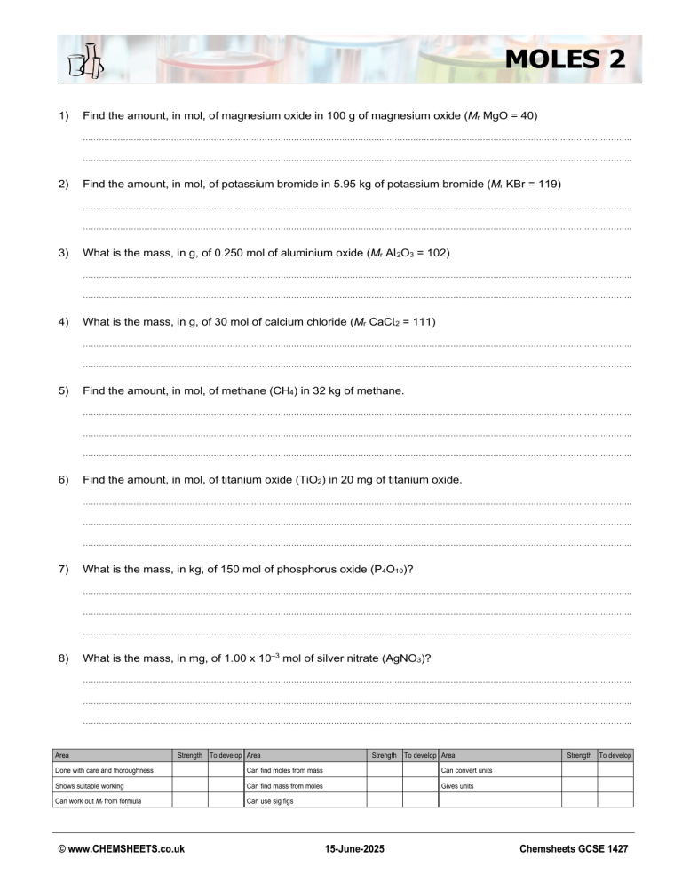 Moles 2 Worksheet | GCSE Chemistry Calculations