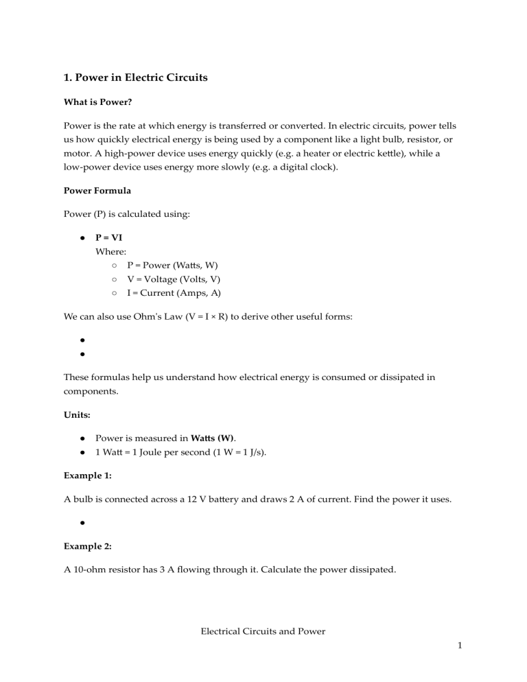 Electrical Circuits and Power Study Guide