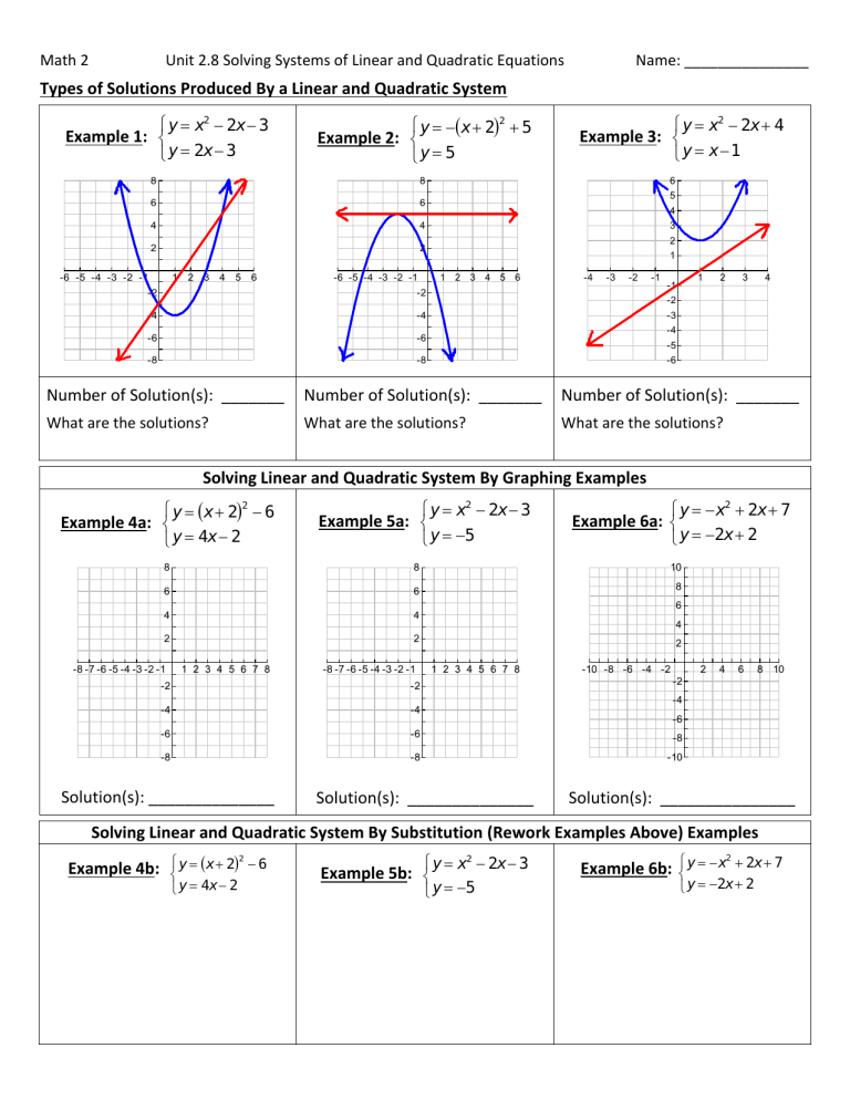 Solving Linear & Quadratic Systems Worksheet