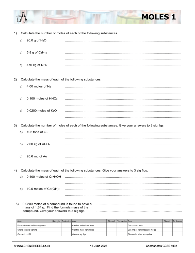 Moles Calculation Chemistry Worksheet (GCSE)