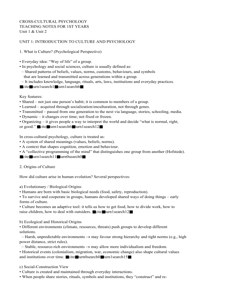Cross-Cultural Psychology: Teaching Notes for 1st Years