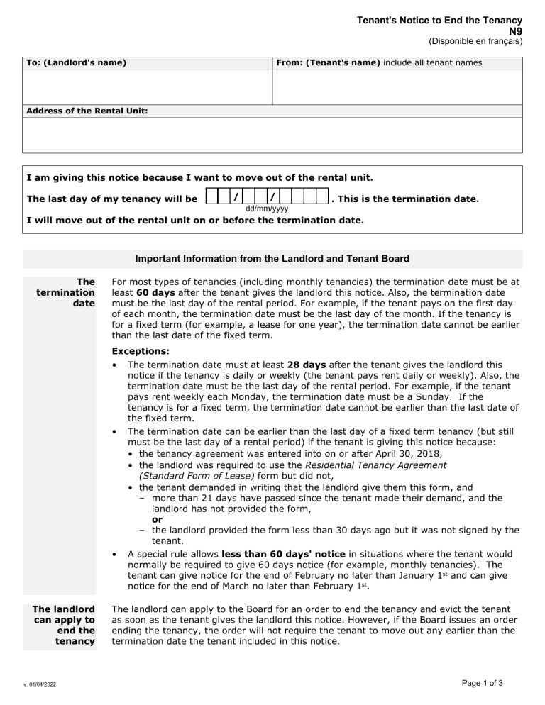 Ontario N9 Form: Tenant's Notice to End Tenancy