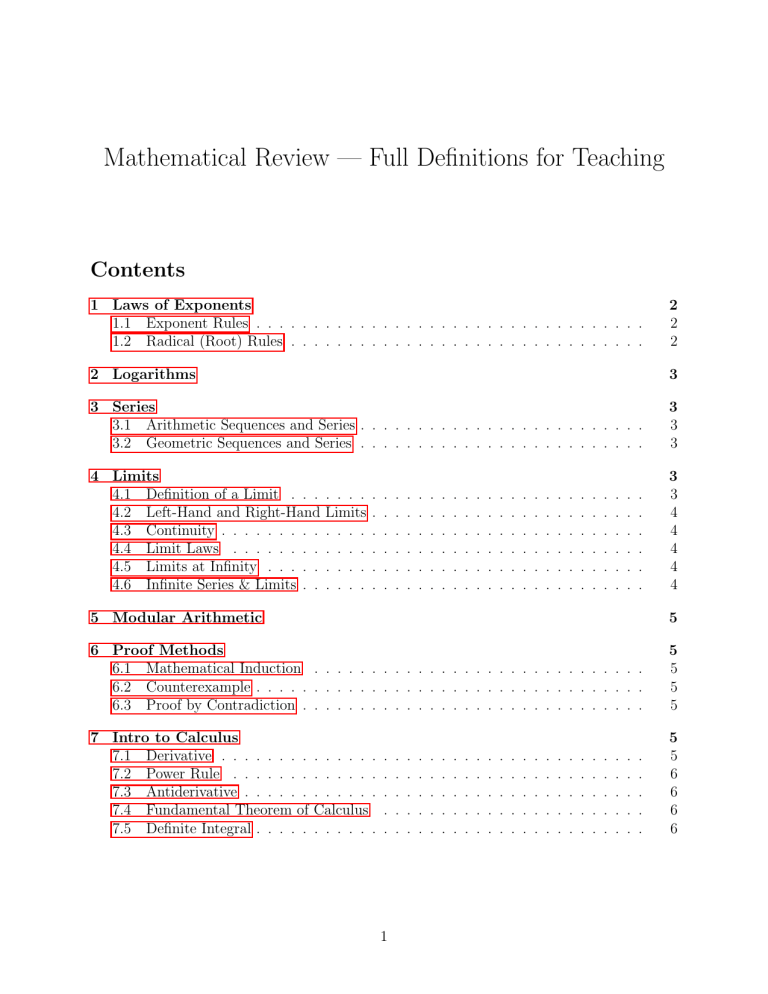 Mathematical Review: Exponents, Logs & Calculus