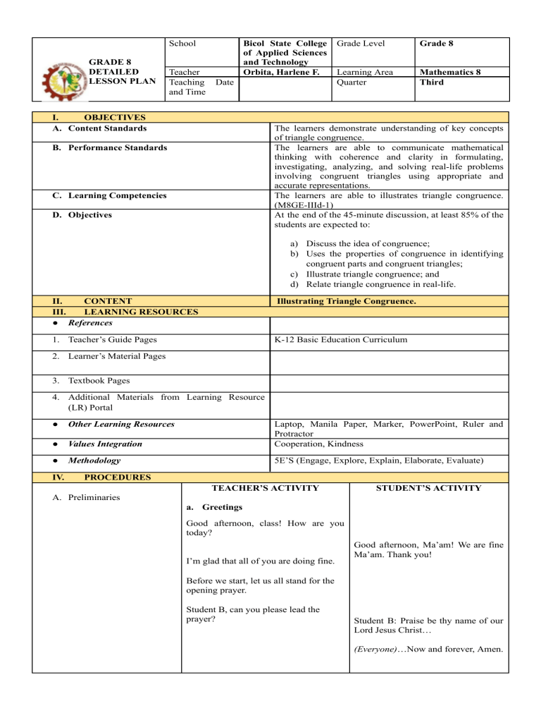Grade 8 Math: Triangle Congruence Lesson Plan