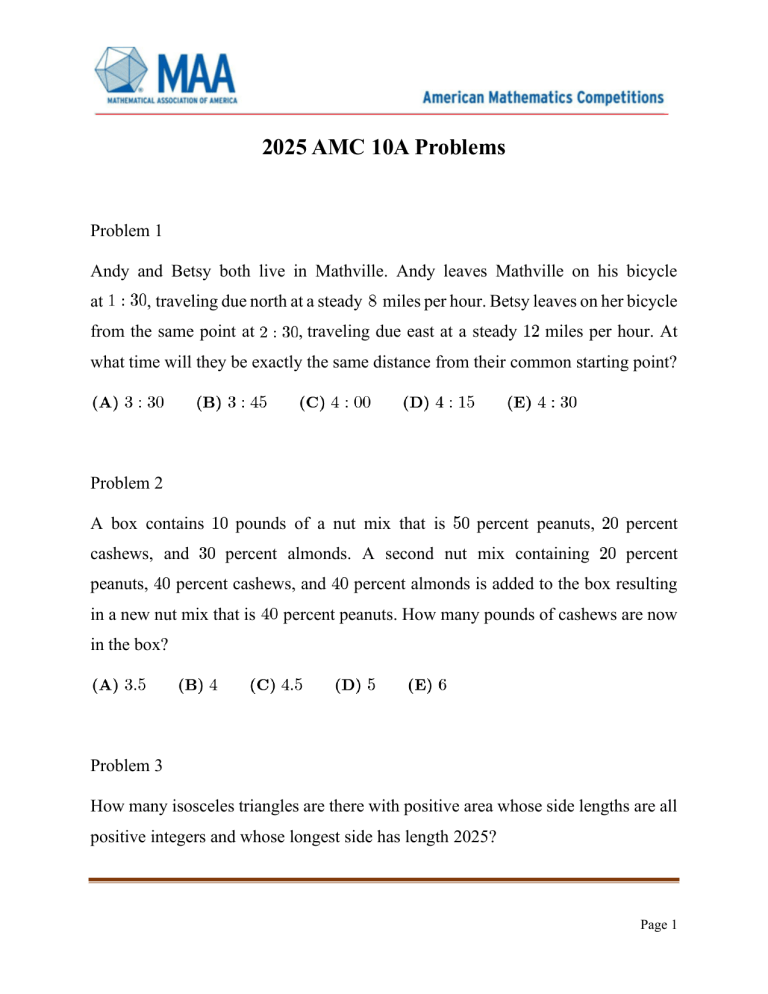 2025 AMC 10A Problems with Answer Key
