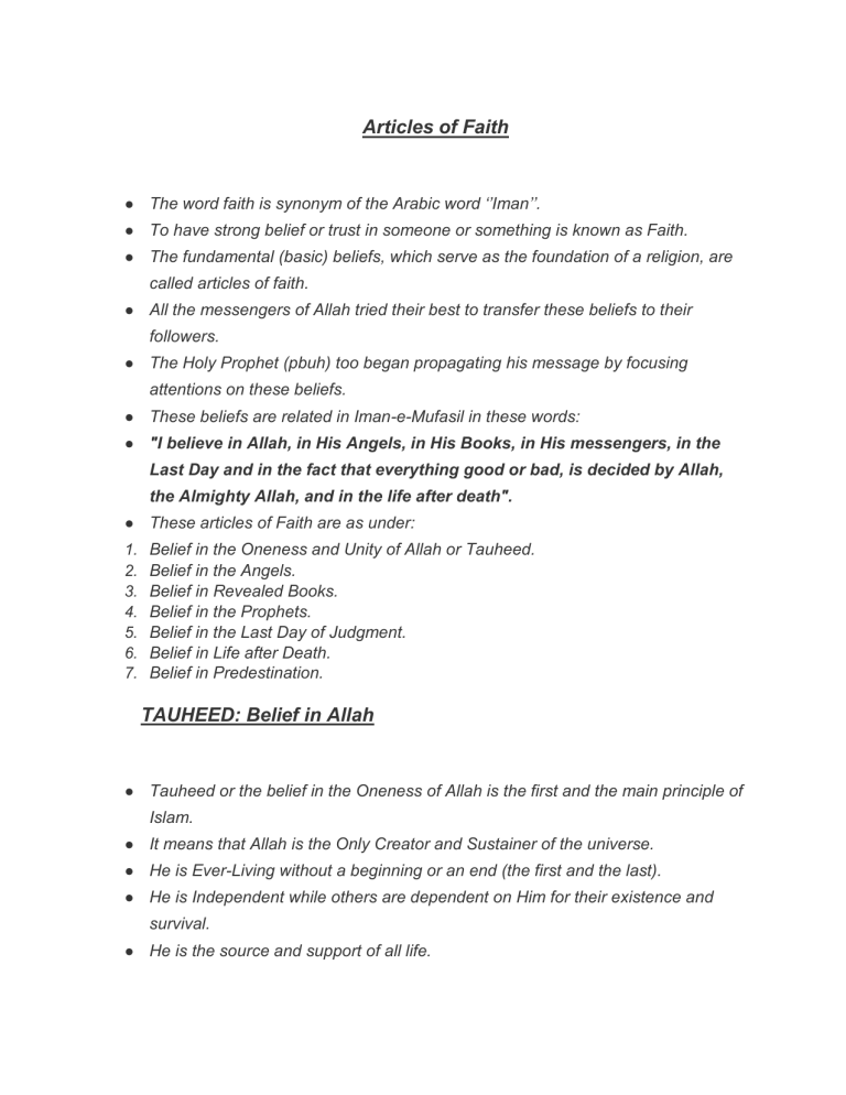 Islamic Articles of Faith: Tauheed, Shirk & Angels