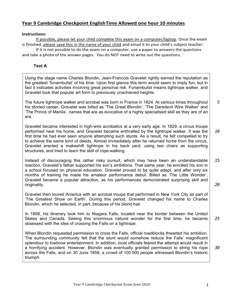 Year 9 Cambridge Checkpoint English Exam Paper 2020