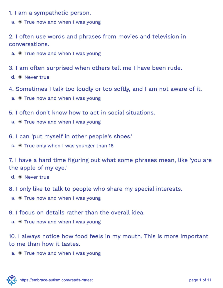 RAADS-R Autism Self-Assessment Test for Adults