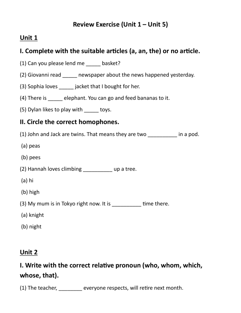 English Grammar Review Exercises (Units 1-5)