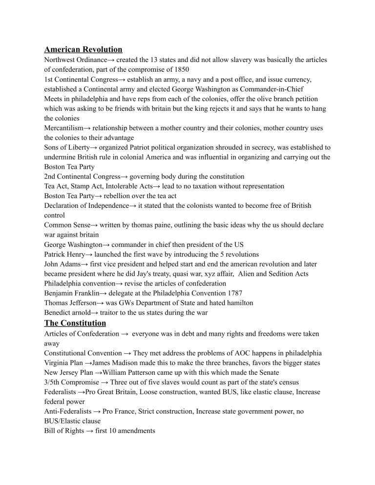 US History Study Guide: Revolution to Gilded Age