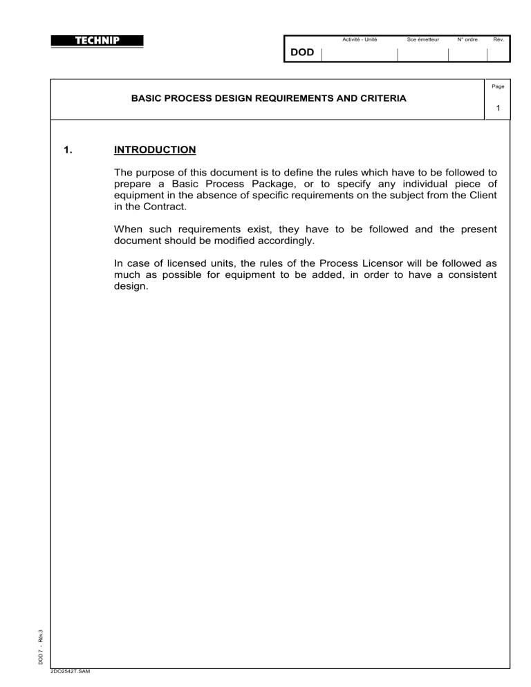 Basic Process Design Requirements & Criteria