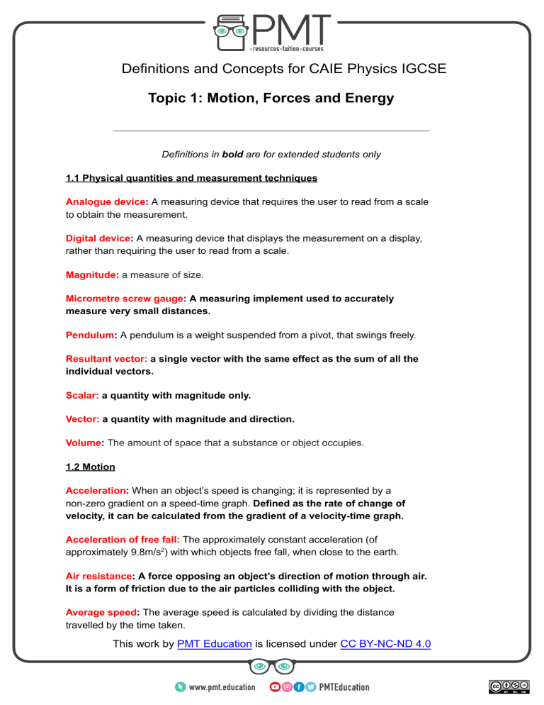 IGCSE Physics: Motion, Forces & Energy Definitions