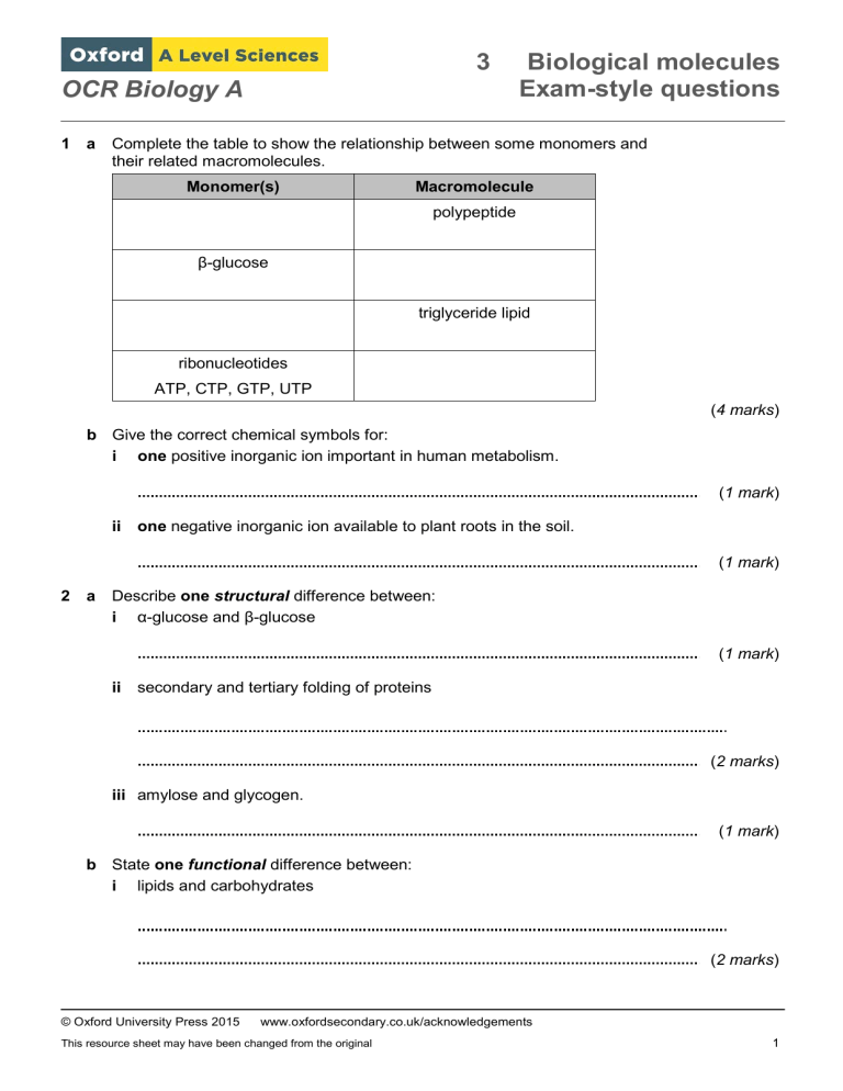 OCR Biology A: Biological Molecules Exam Questions