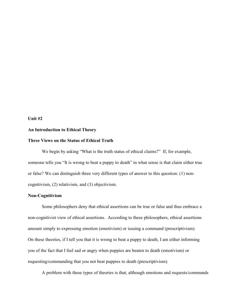 Ethical Theory: Non-cognitivism, Relativism, Objectivism