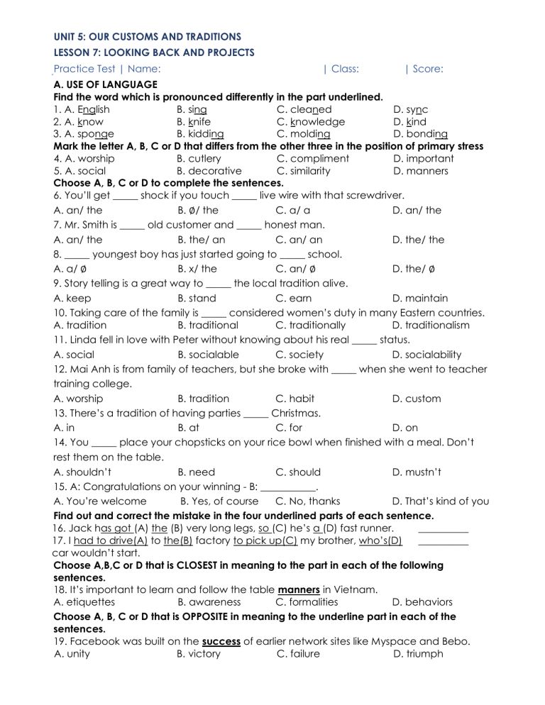 English Practice Test: Customs and Traditions