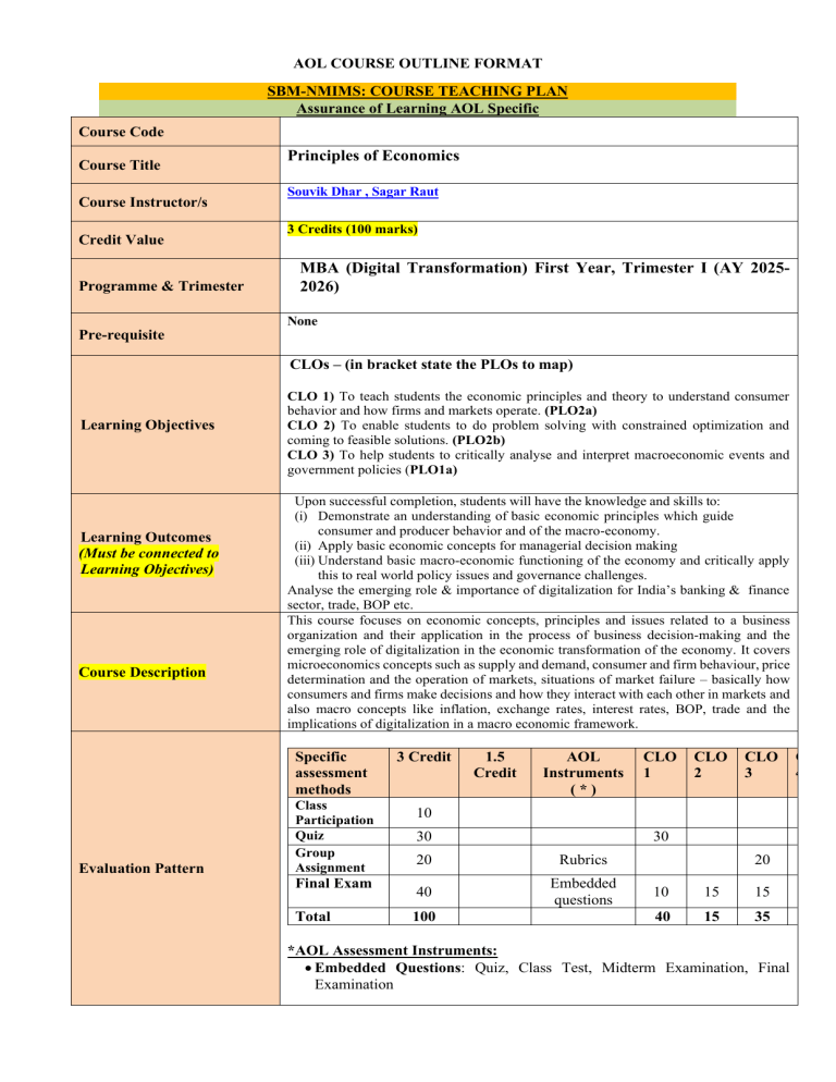 MBA Principles of Economics Course Outline