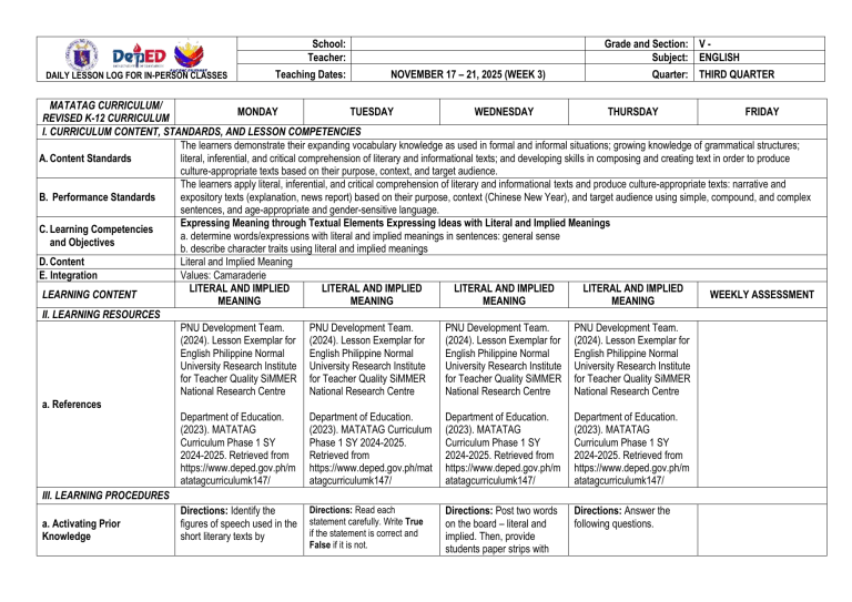 Grade 5 English DLL: Literal & Implied Meaning
