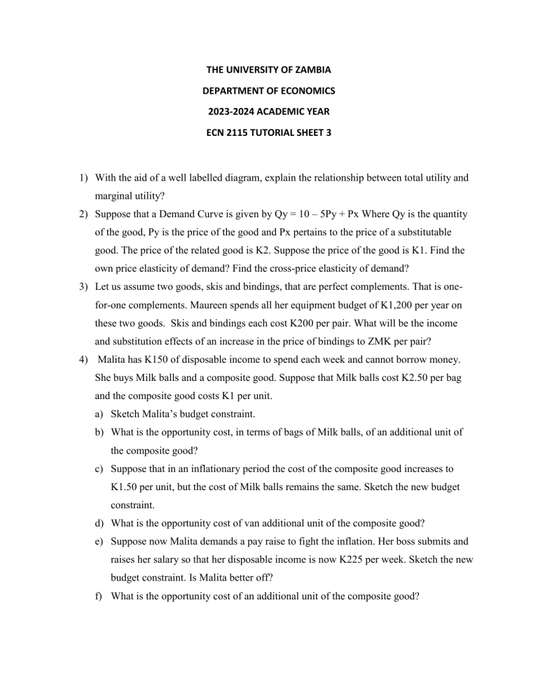 ECN 2115: Microeconomics Tutorial Sheet