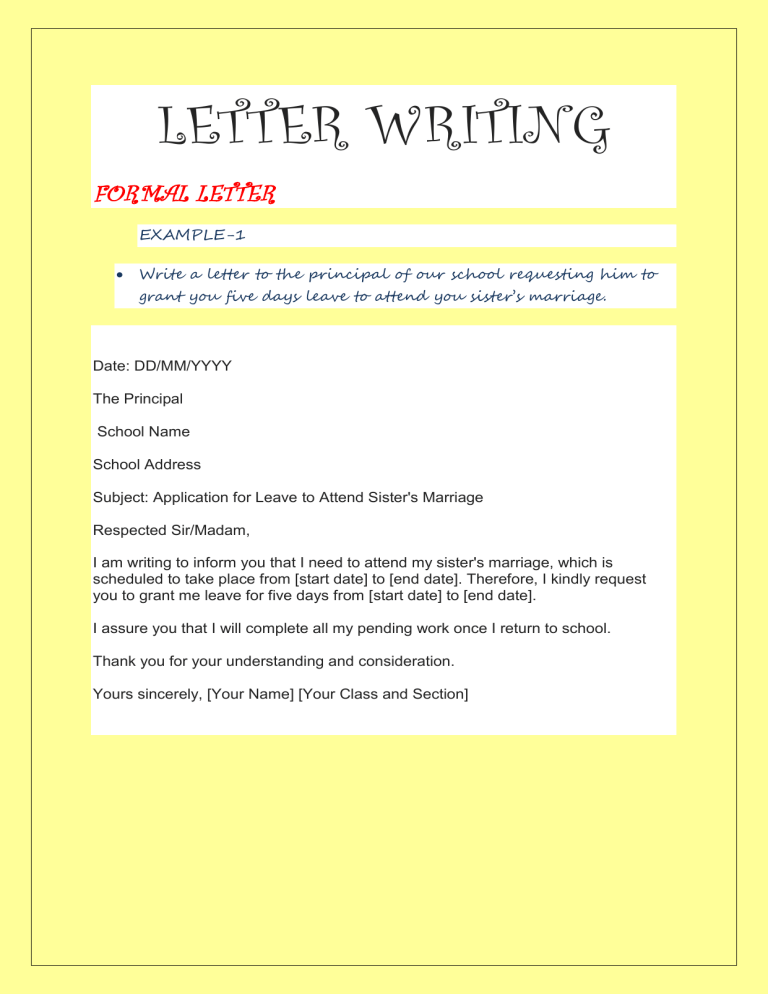 Formal Letter Writing Example for School Leave