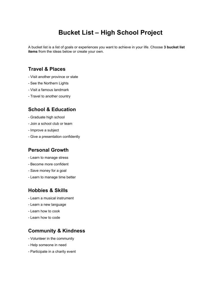 High School Bucket List Project Worksheet