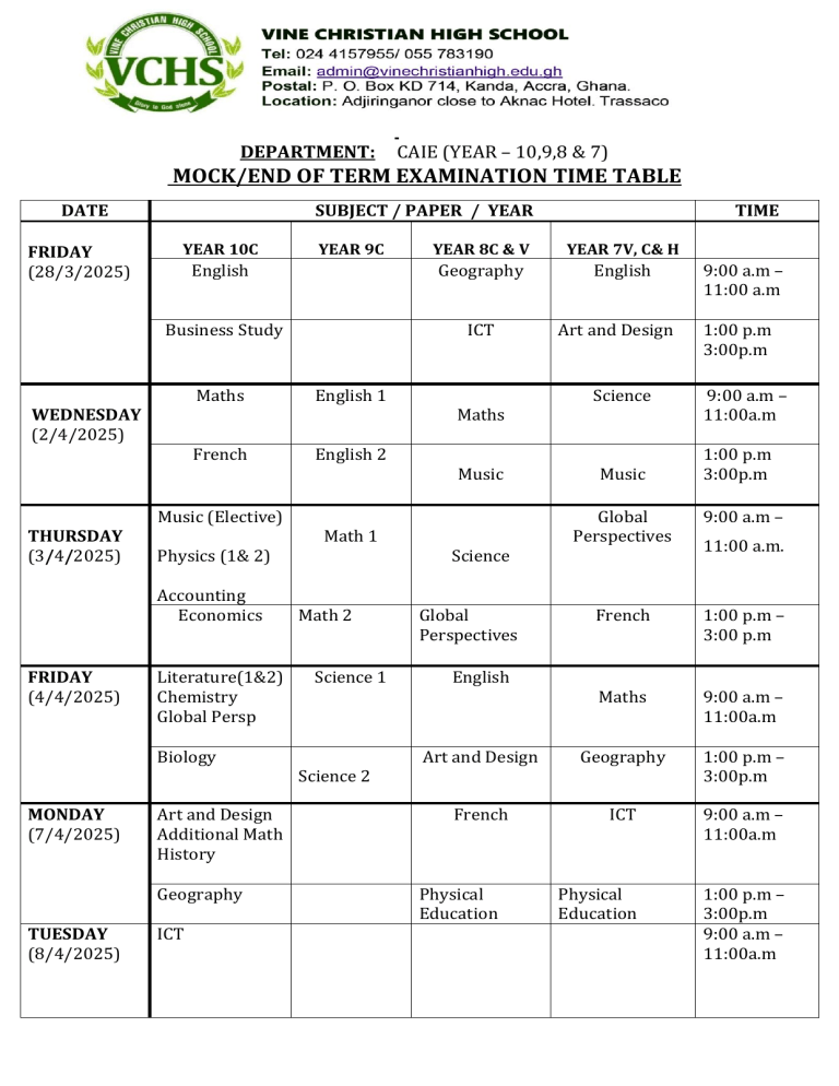 CAIE Mock Exam Timetable 2025