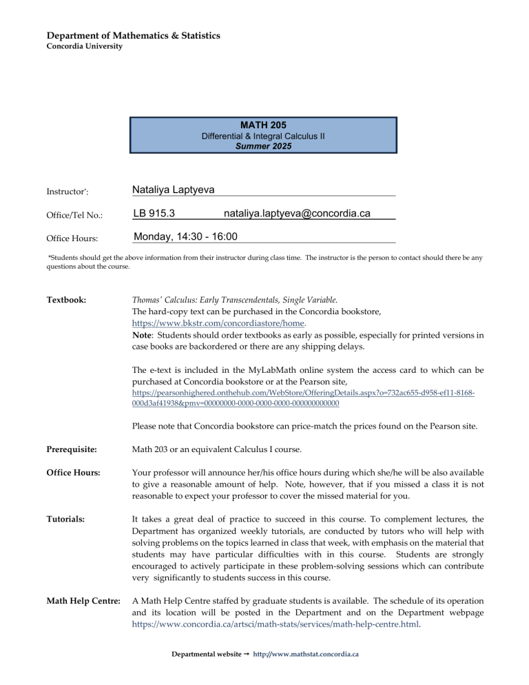 MATH 205 Calculus II Course Outline Concordia 2025