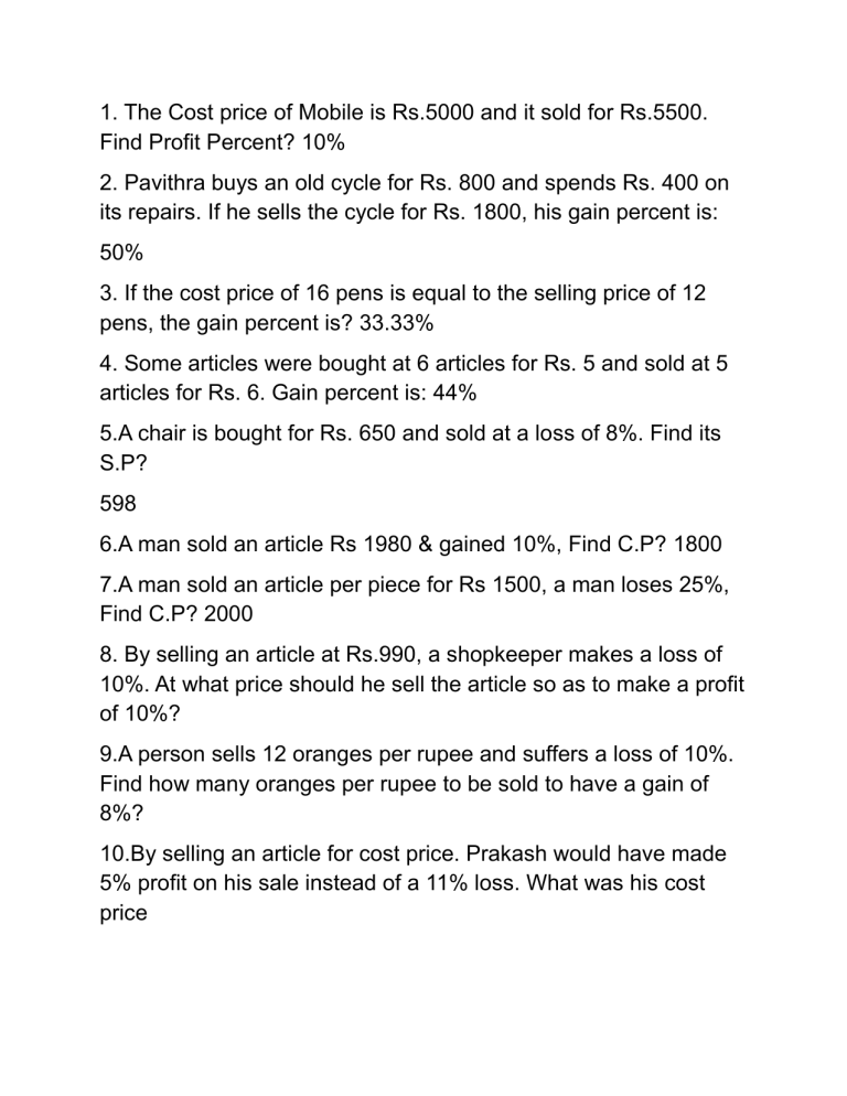 Profit and Loss Math Worksheet
