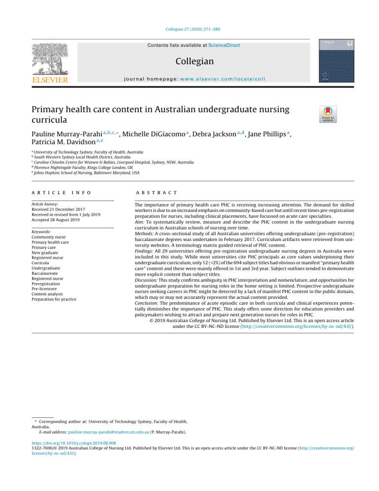 Primary Health Care in Australian Nursing Curricula