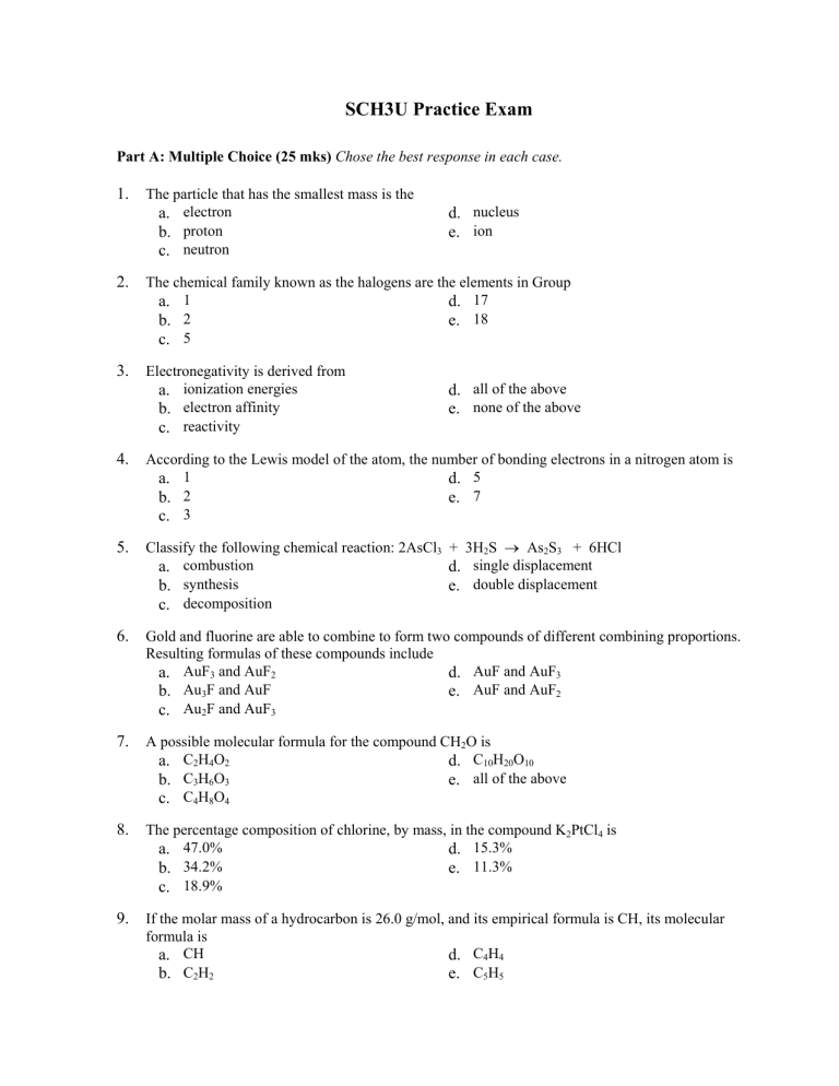 SCH3U Chemistry Practice Exam with Answers