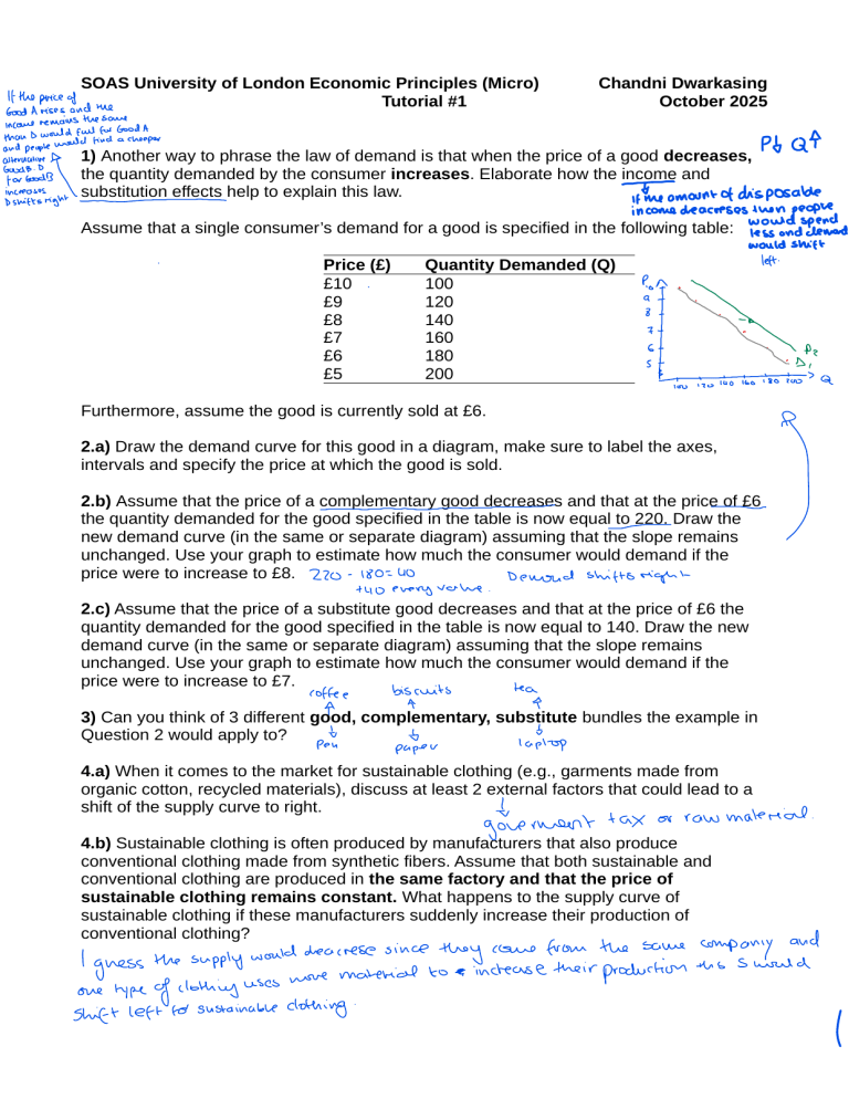 SOAS Microeconomics Tutorial #1: Demand & Supply Questions