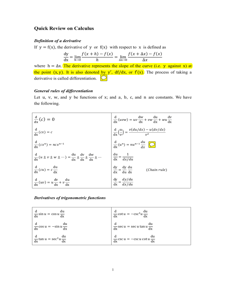Calculus Review: Derivatives & Integrals
