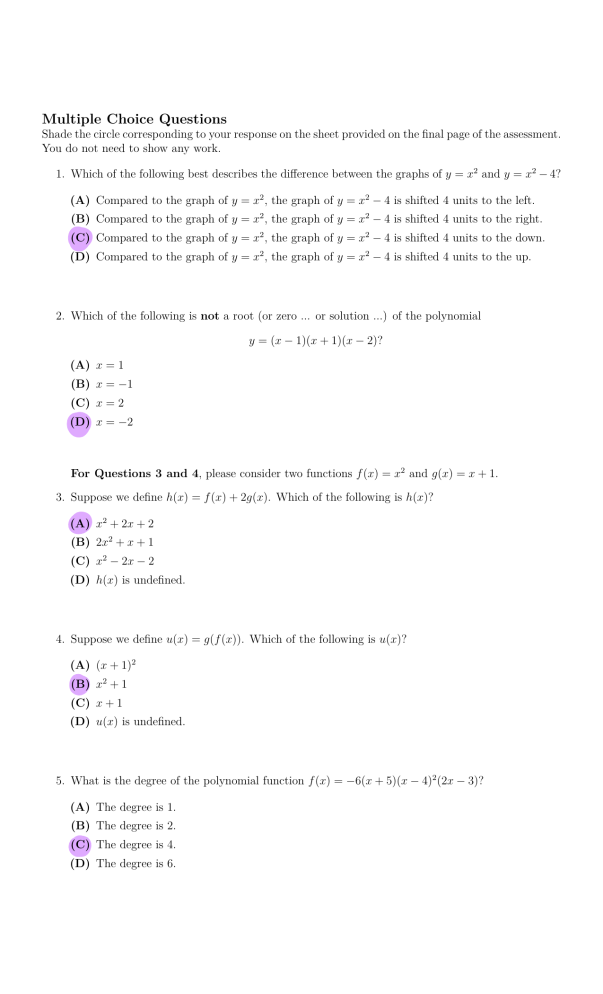 Algebra Assessment on Functions and Polynomials