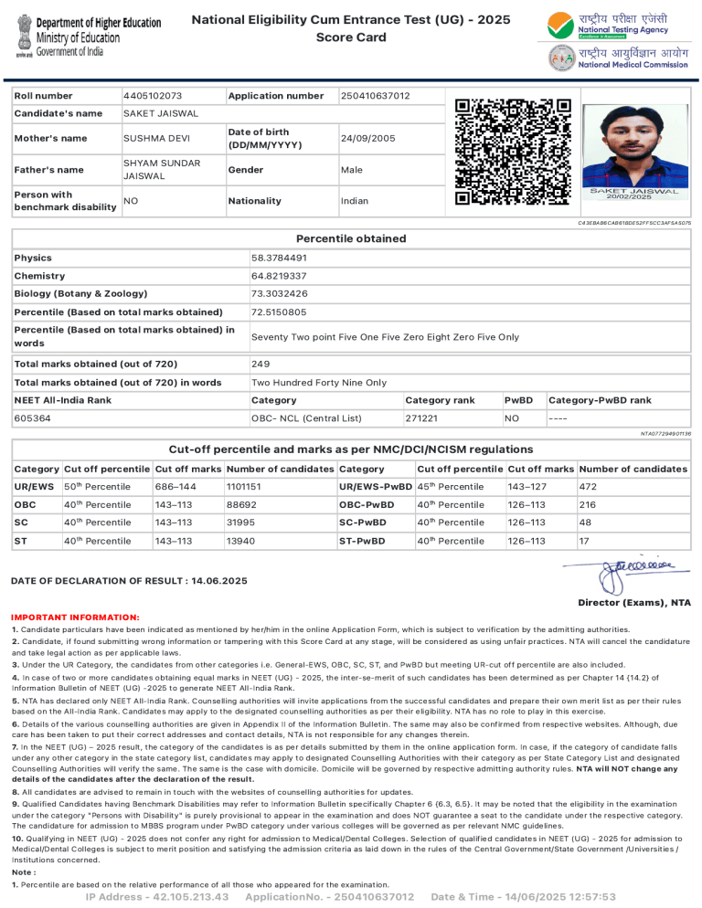 NEET-UG 2025 Result Score Card