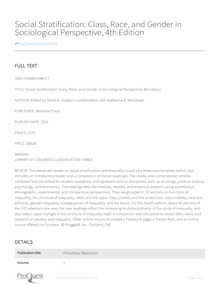 Social Stratification: Class, Race, Gender 4th Edition Review