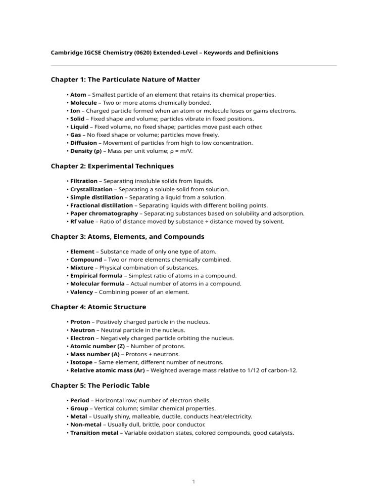 IGCSE Chemistry 0620 Keywords & Definitions