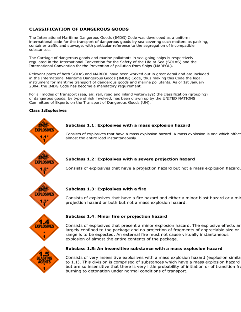 IMDG Code: Classification of Dangerous Goods