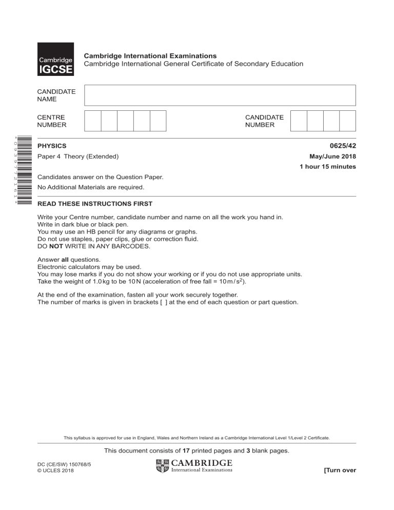 IGCSE Physics 0625/42 M/J 2018 Past Paper