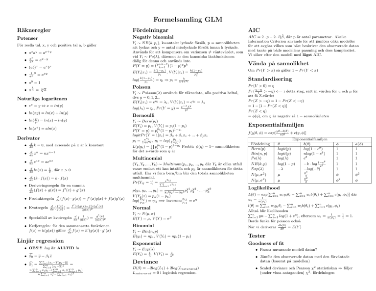 GLM Formula Sheet: AIC & Distributions