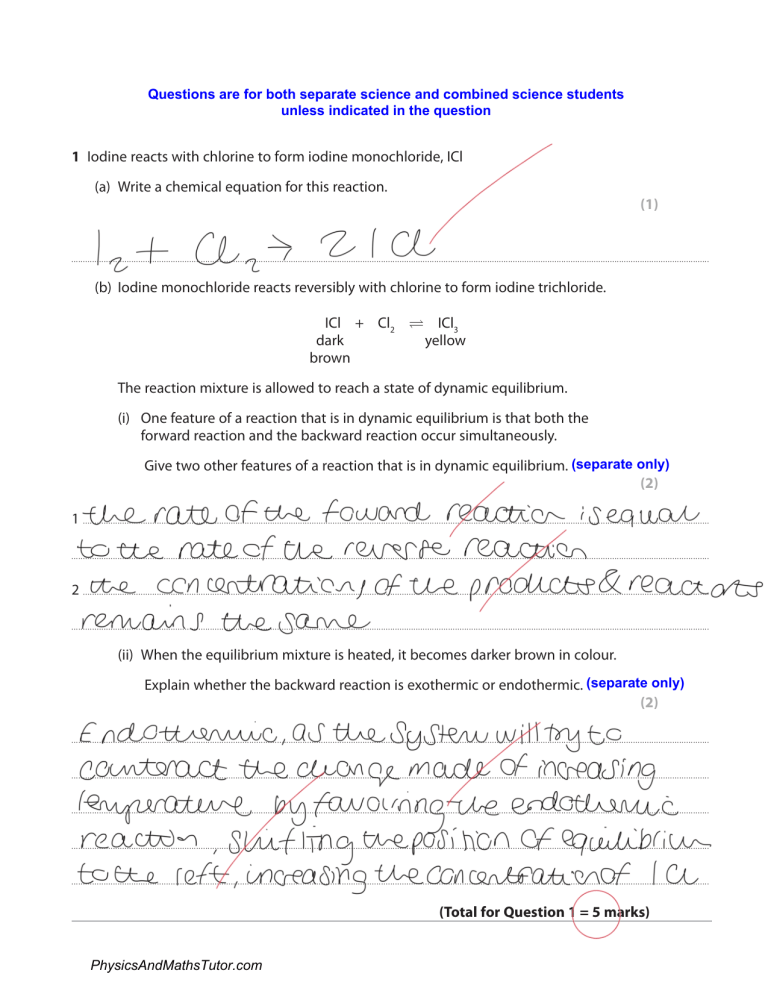 Chemistry Exam on Equilibrium & Haber Process