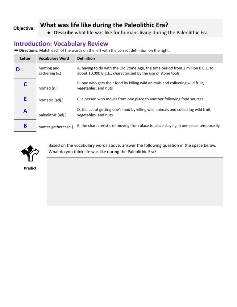 Paleolithic Era Life Worksheet