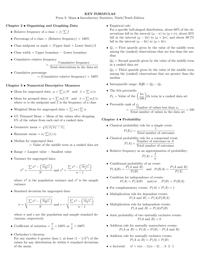 Key Statistics Formulas - Mann's Introductory Statistics