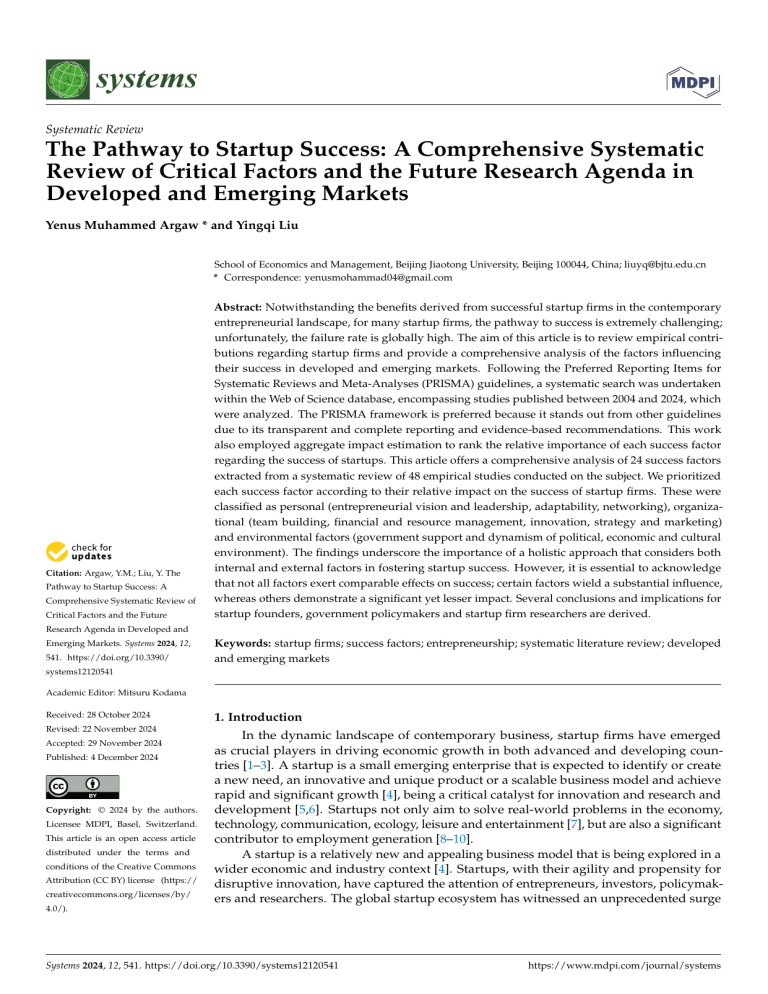 Startup Success Factors: A Systematic Review