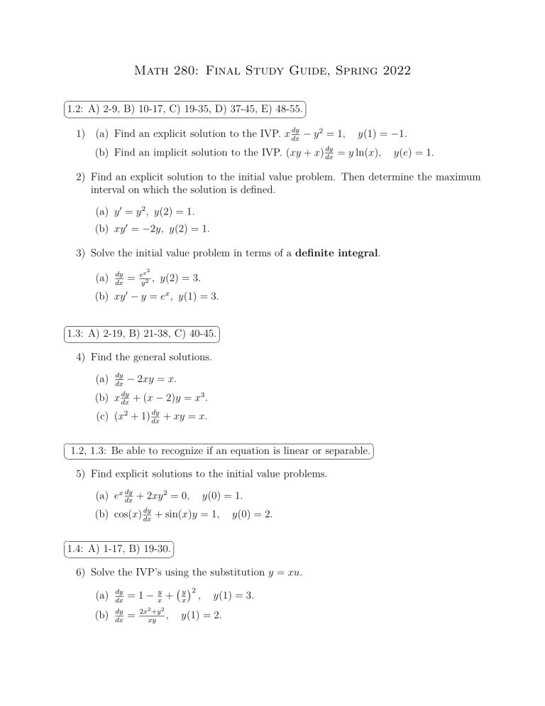 Math 280 Differential Equations Final Study Guide