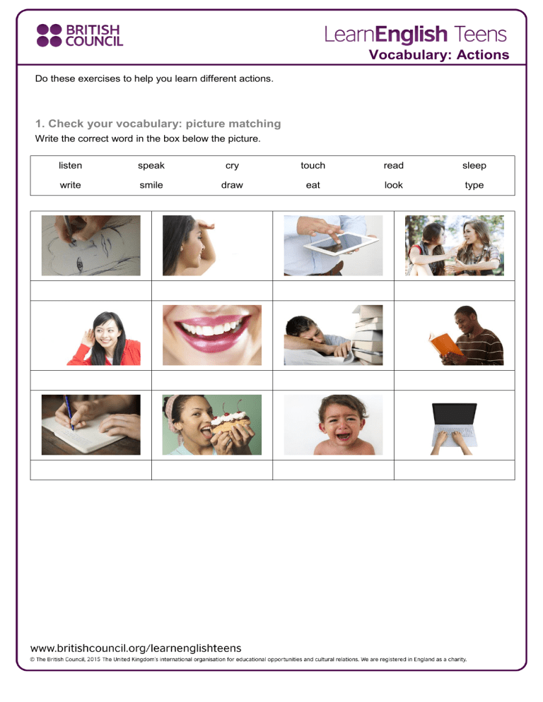 Actions Vocabulary Worksheet for Kids