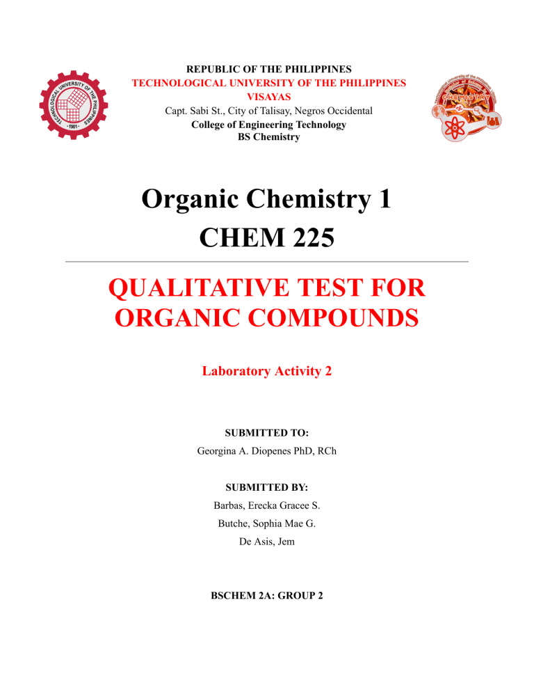 Qualitative Tests for Organic Compounds Lab Report