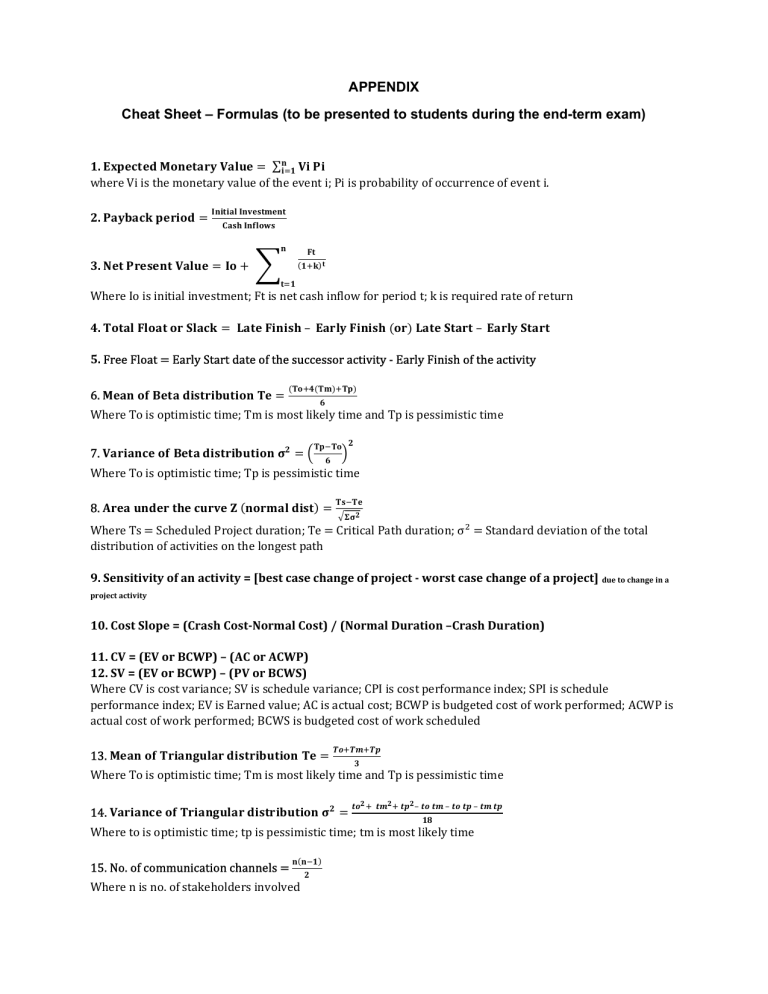 Project Management Formulas Cheat Sheet