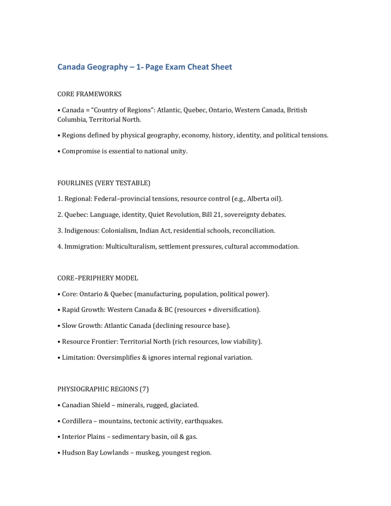 Canada Geography 1-Page Exam Summary